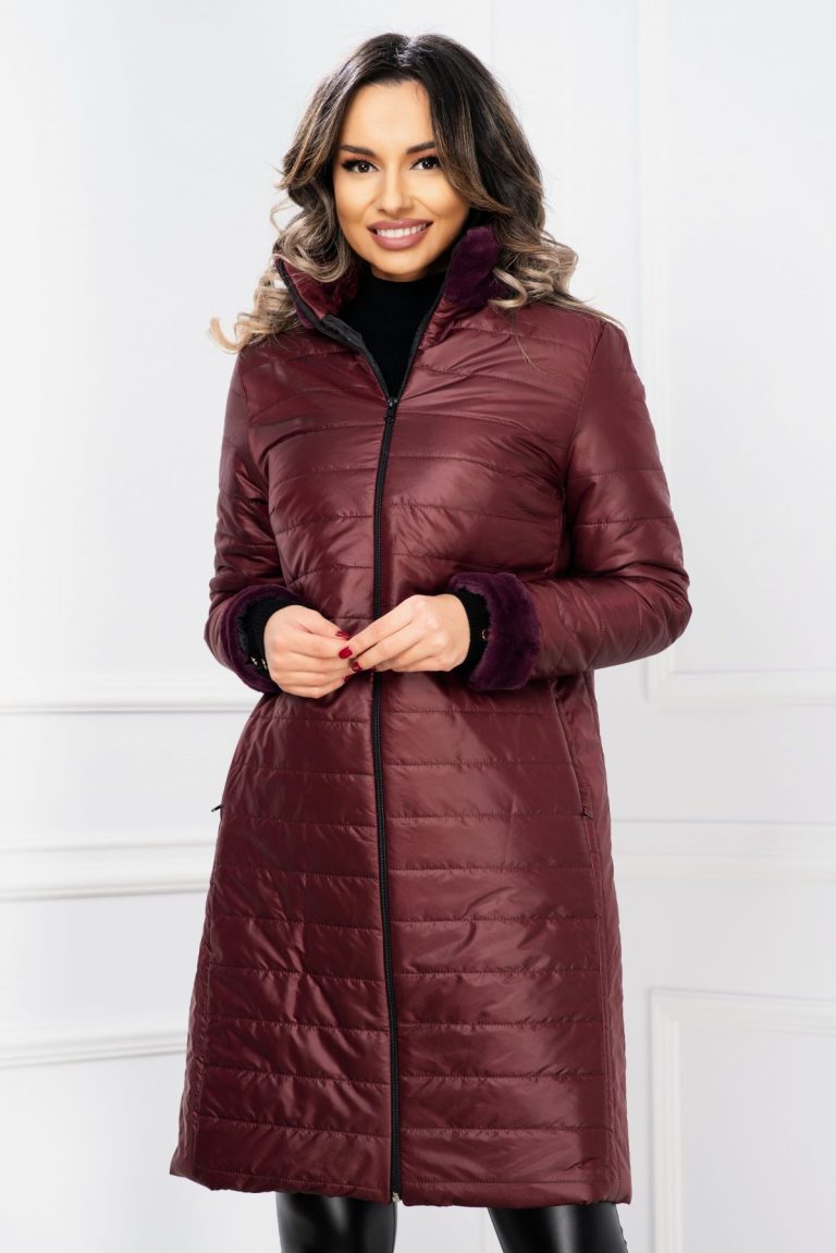 Geaca dama matlasata visinie Adina cu guler si mansete din blana By InPuff