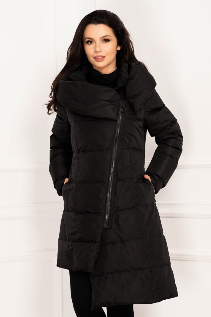 Geaca matlasata cu puf de gasca asimetrica cu fermoar dublu maxi